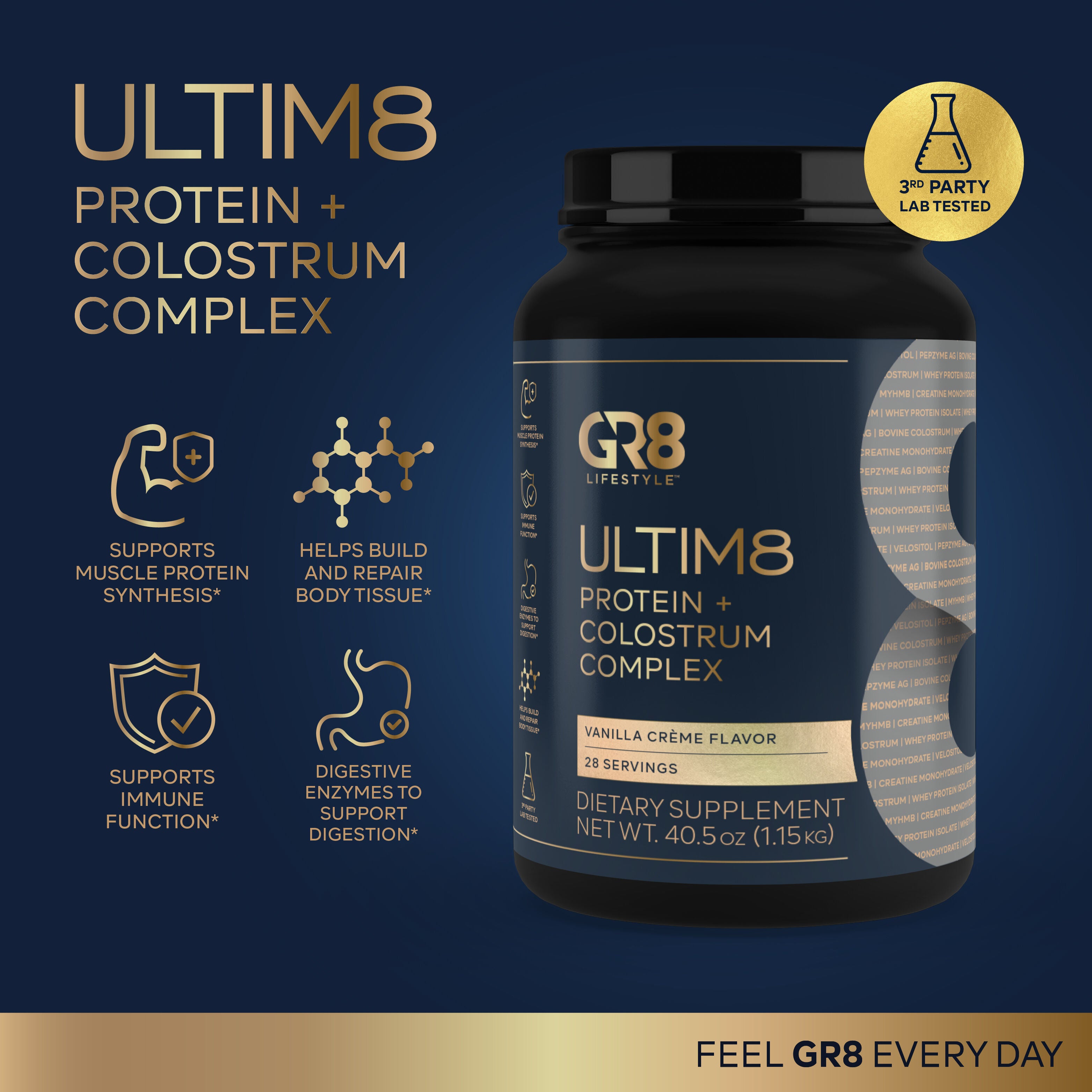 GR8 Lifestyle - Ultim8 Protein + Colostrum Complex - Vanilla Creme (28 ...