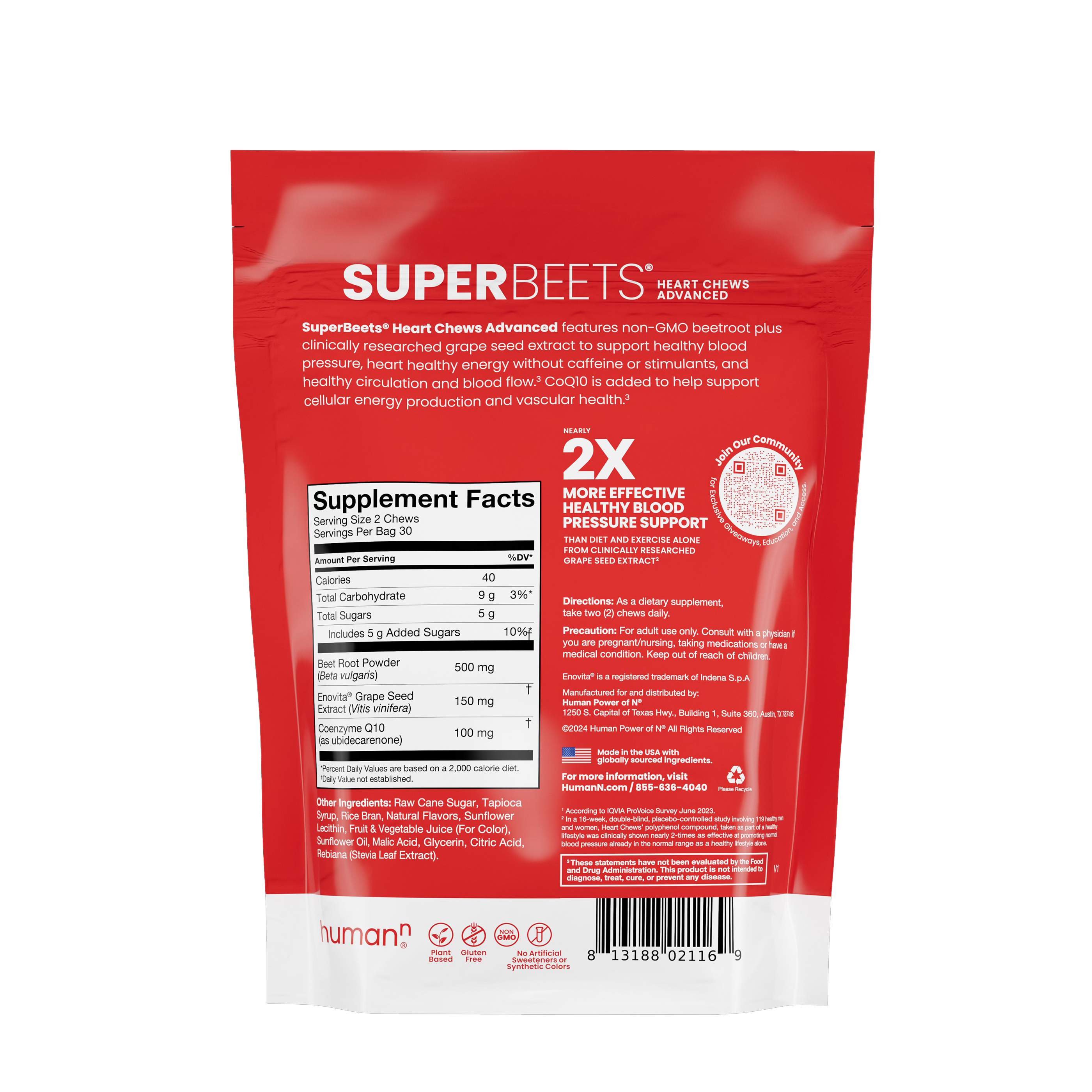 HumanN - SuperBeets Heart Chews - Acai Berry - 60 Chews (30 Servings) | GNC