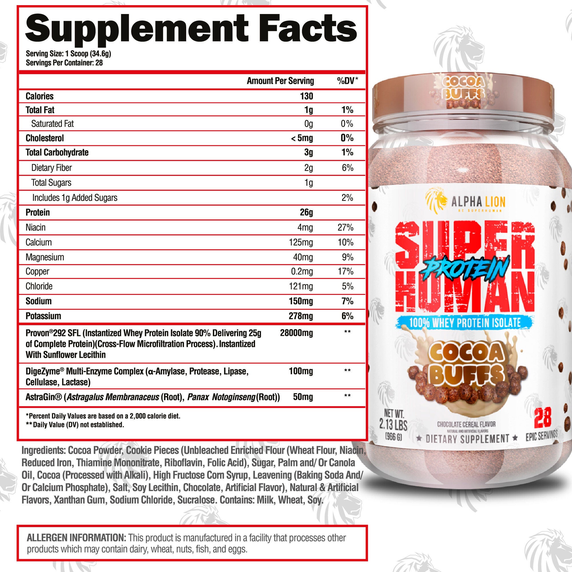 Alpha Lion - Superhuman 100% Whey Protein Isolate - Cocoa Buffs ...