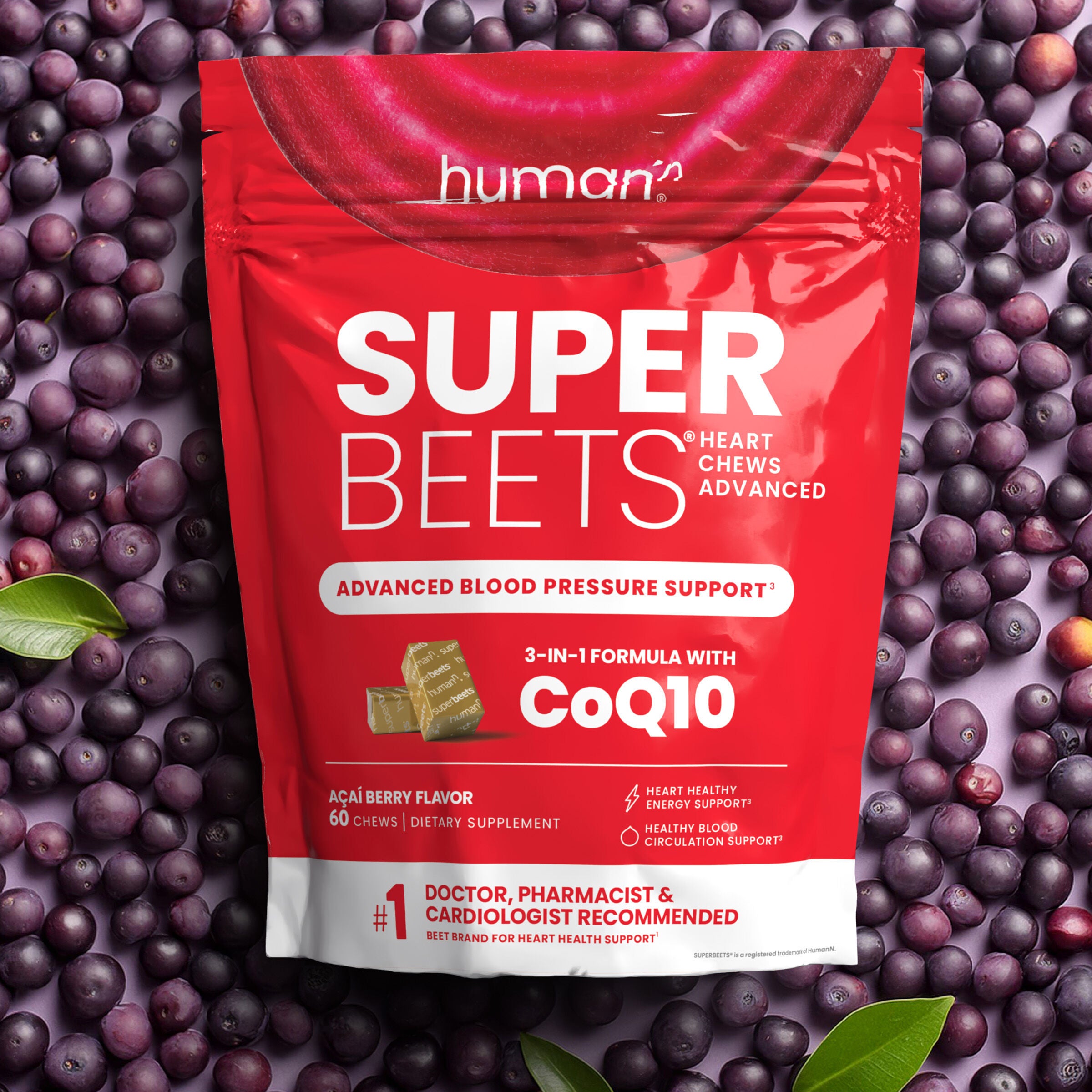 HumanN - SuperBeets Heart Chews - Acai Berry - 60 Chews (30 Servings) | GNC