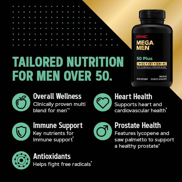 GNC Mega Men® - 50 Plus Multivitamin - 120 Caplets (60 Servings) | GNC